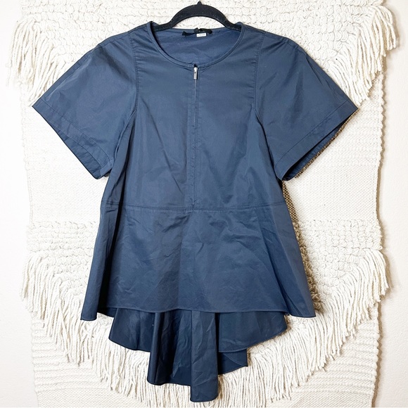 Tibi | Tops | Tibi Navy Blue Zip Front Pleated Back Short Sleeve Cotton ...